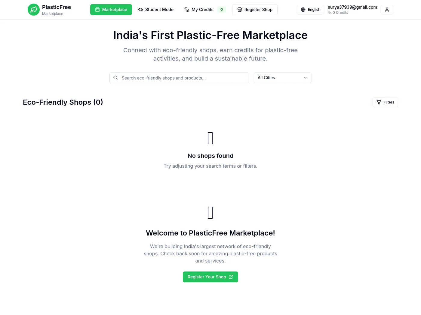 PlasticFree Platform: Marketplace, Credits & Student Engagement for India