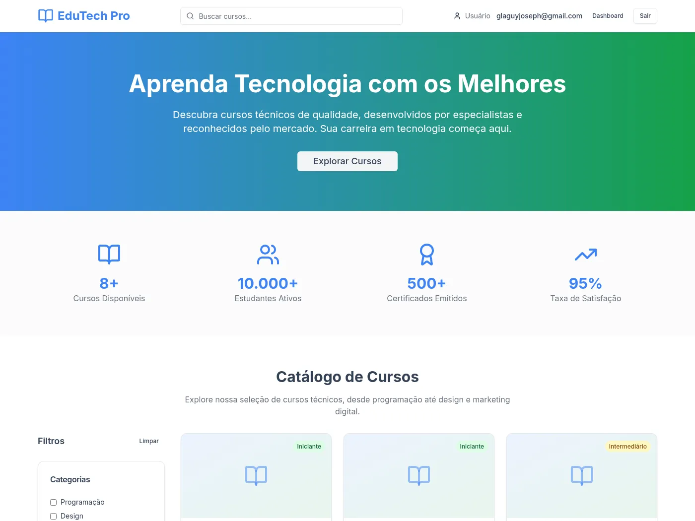 Plataforma de Educação Técnica com Marketplace, Áreas de Estudante e Escola, e Painel Admin