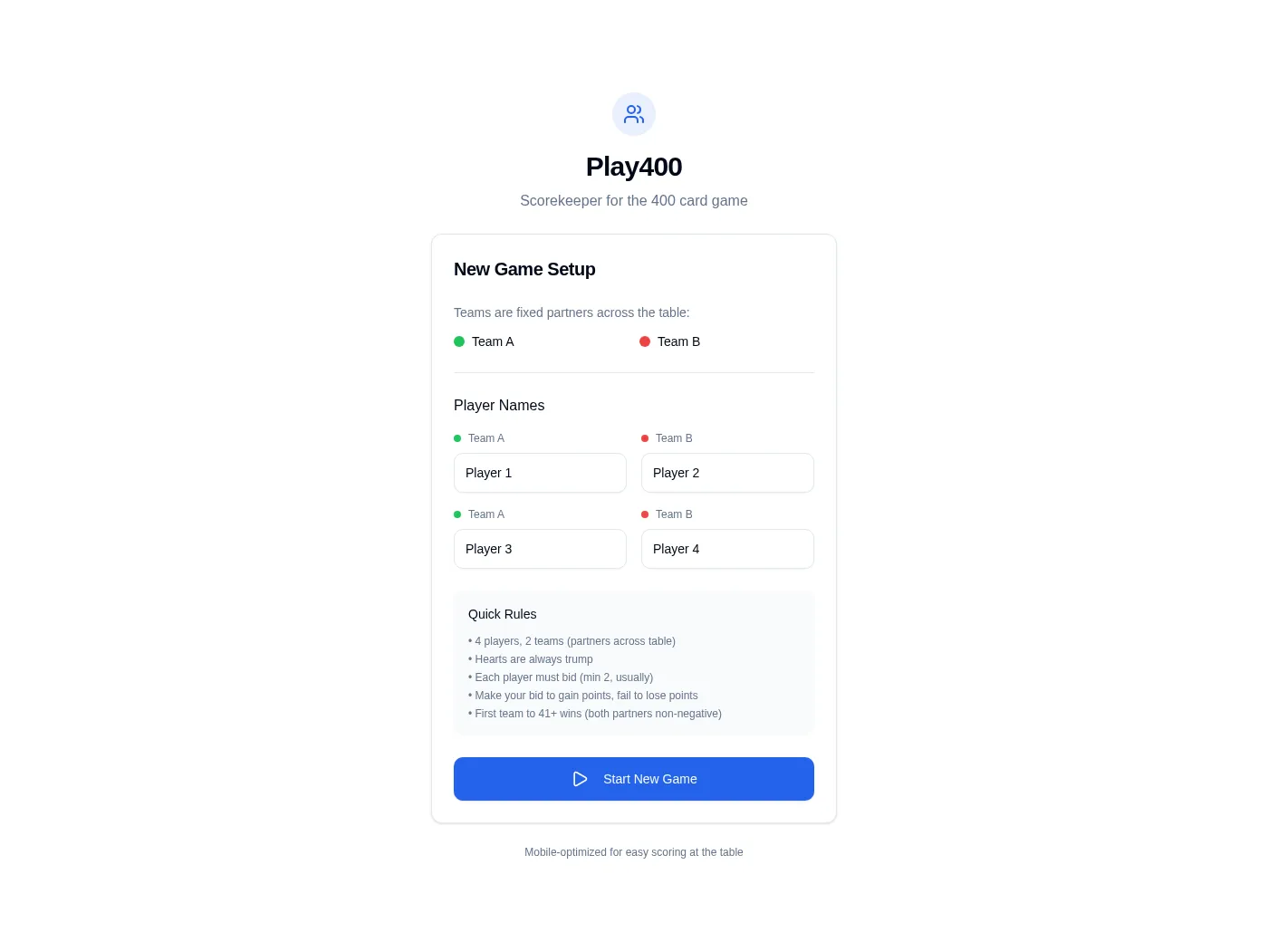 Play400 Scorekeeper: Elegant Mobile-First 400 Card Game Scoring App