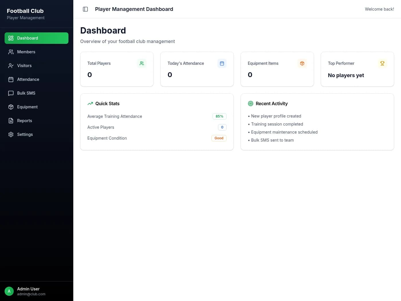 Player Management Dashboard for Football Teams