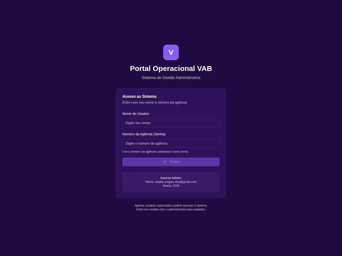 Portal Operacional VAB – Plataforma Administrativa Segura para Agências