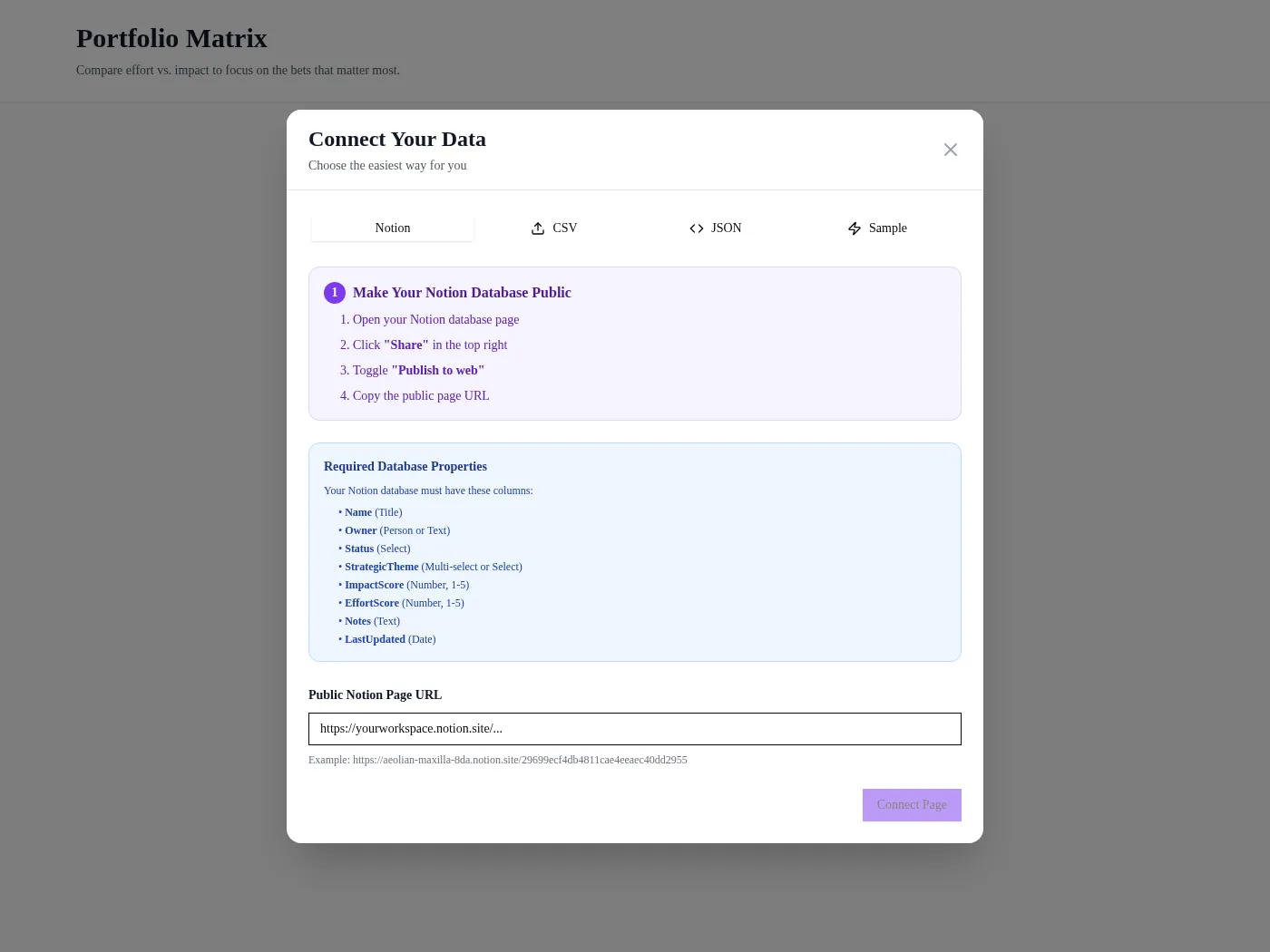 PortfolioMatrix – Notion-Integrated Impact vs Effort Prioritization Tool