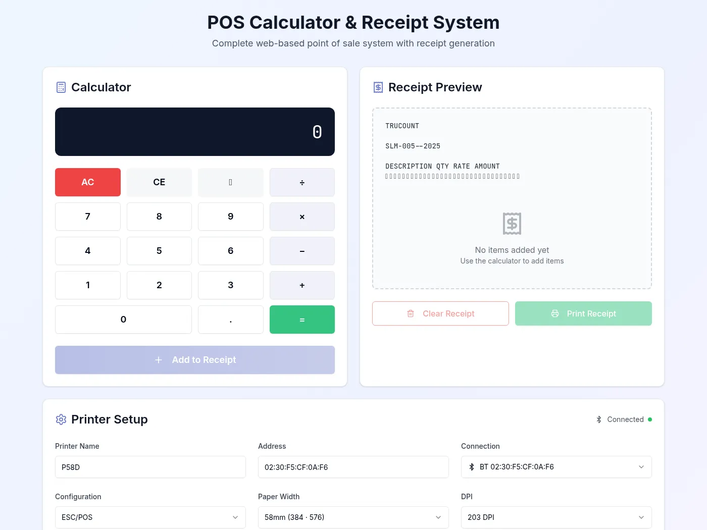 POS Calculator and Receipt Printing Web App