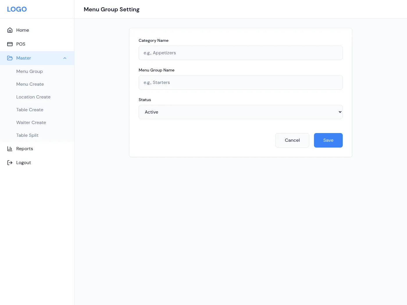 POS Master Menu Group Management Dashboard