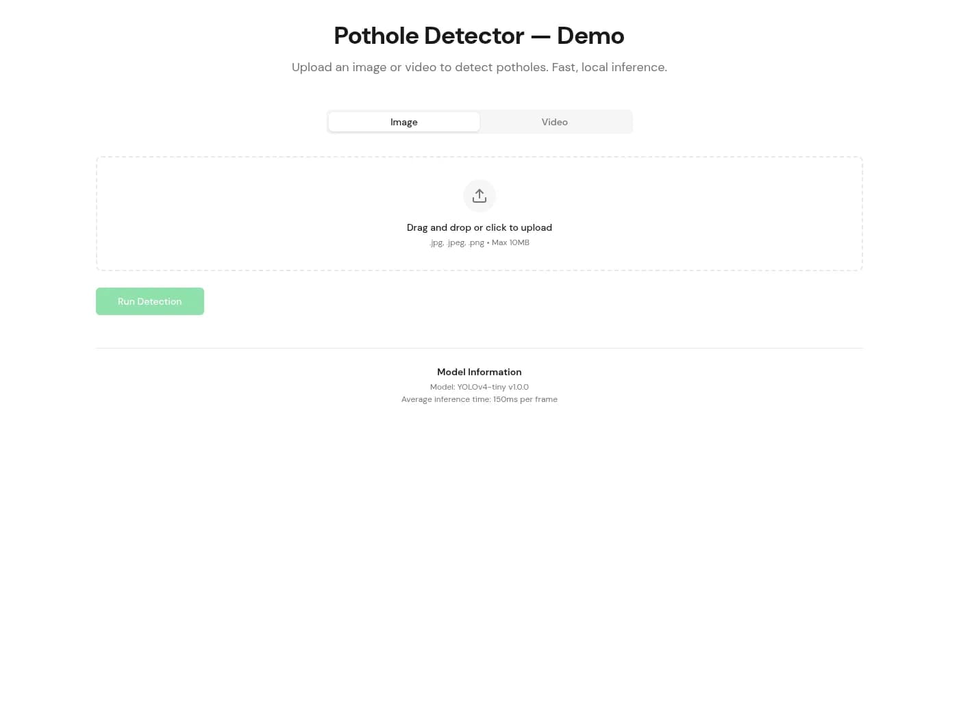 Pothole Detector Web Demo - Fast Image & Video Analysis