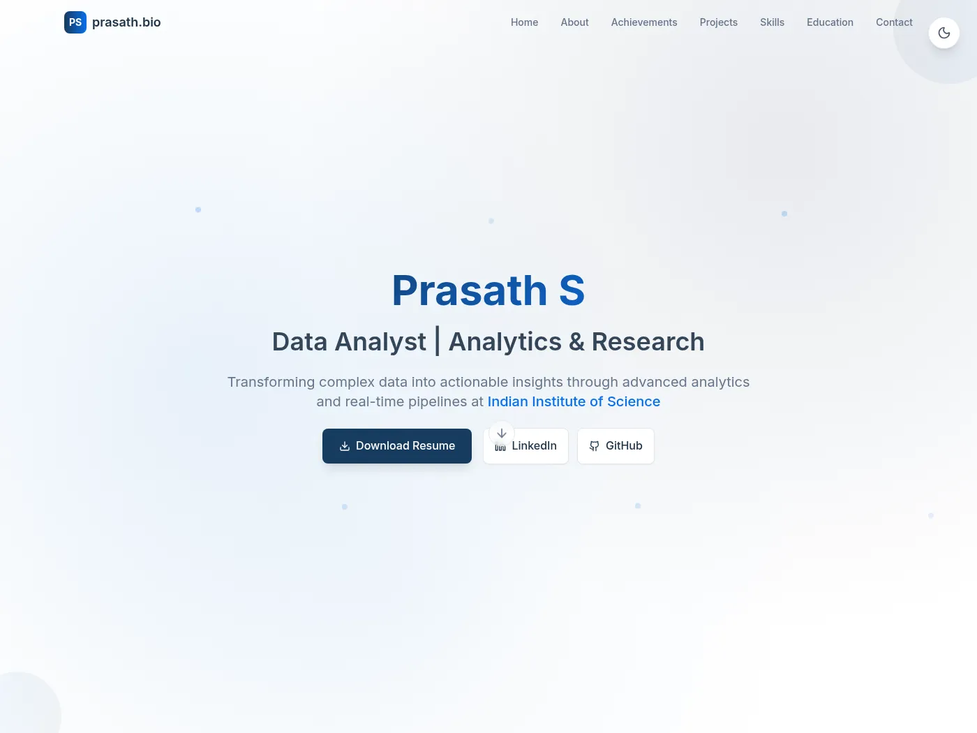 prasath.bio – A Data-Driven Personal Portfolio Showcasing Prasath S's AI & Analytics Impact