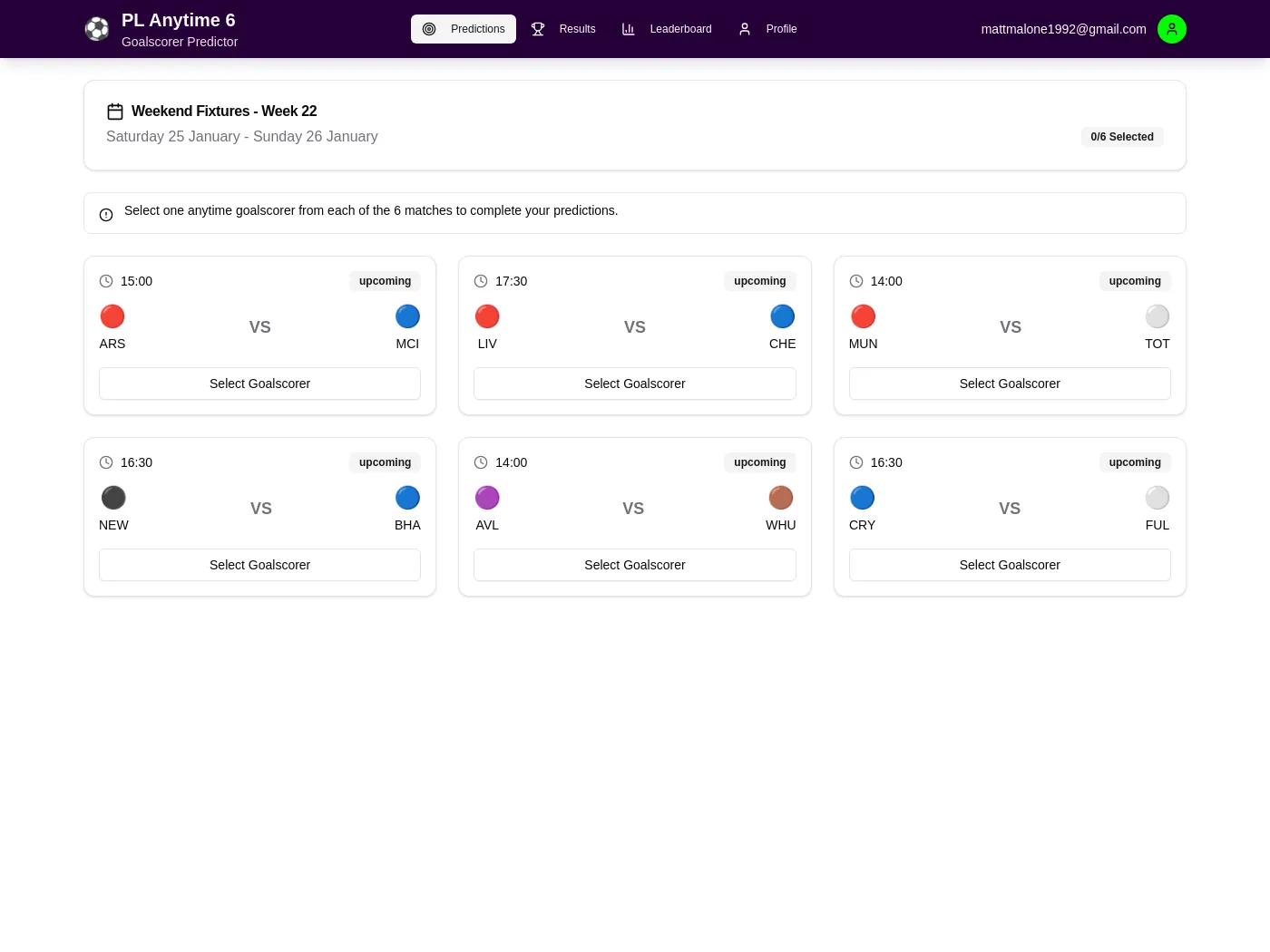 Premier League Anytime 6 Goalscorer Predictor