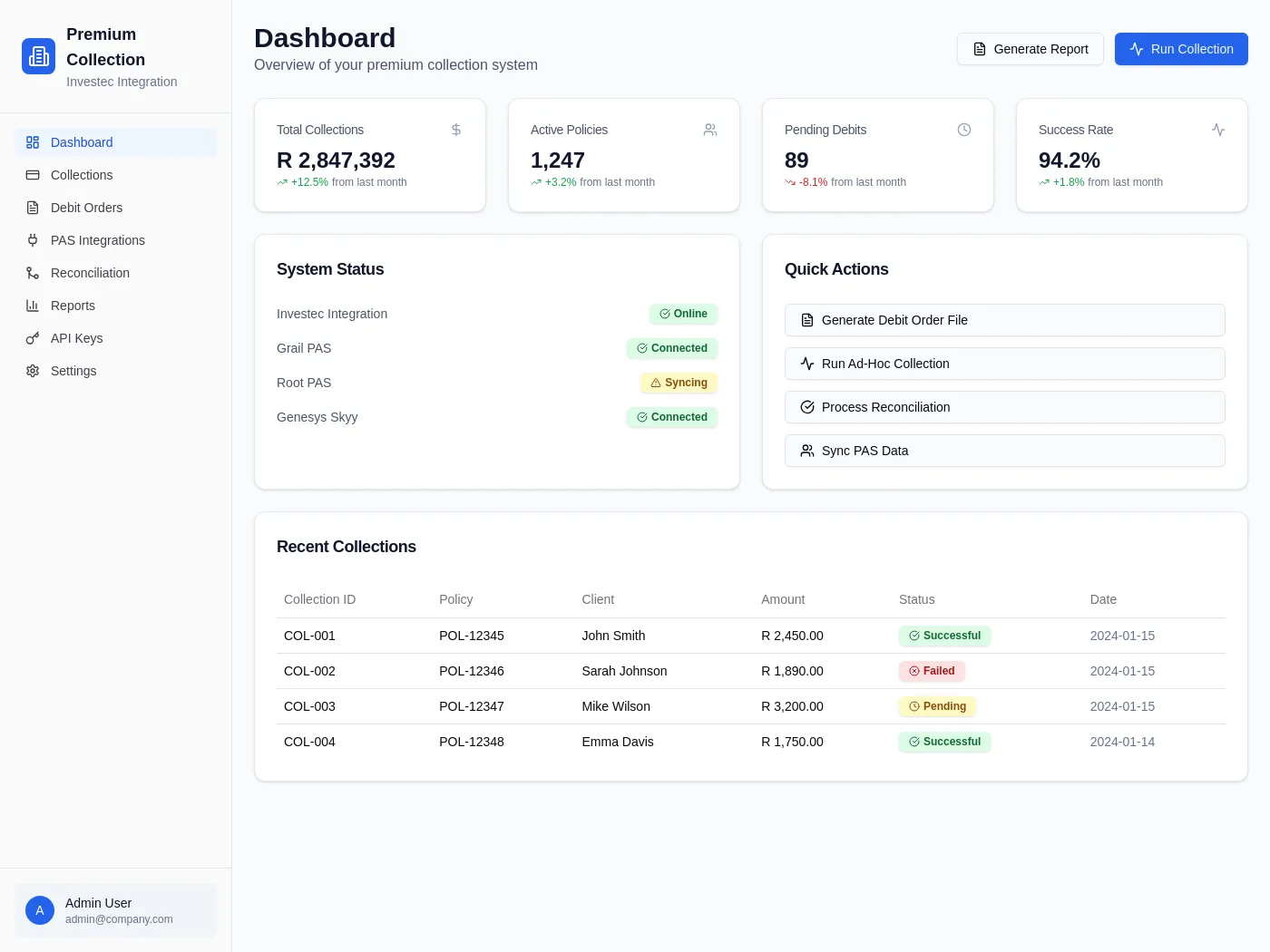 Premium Collection Tool with Investec Integration