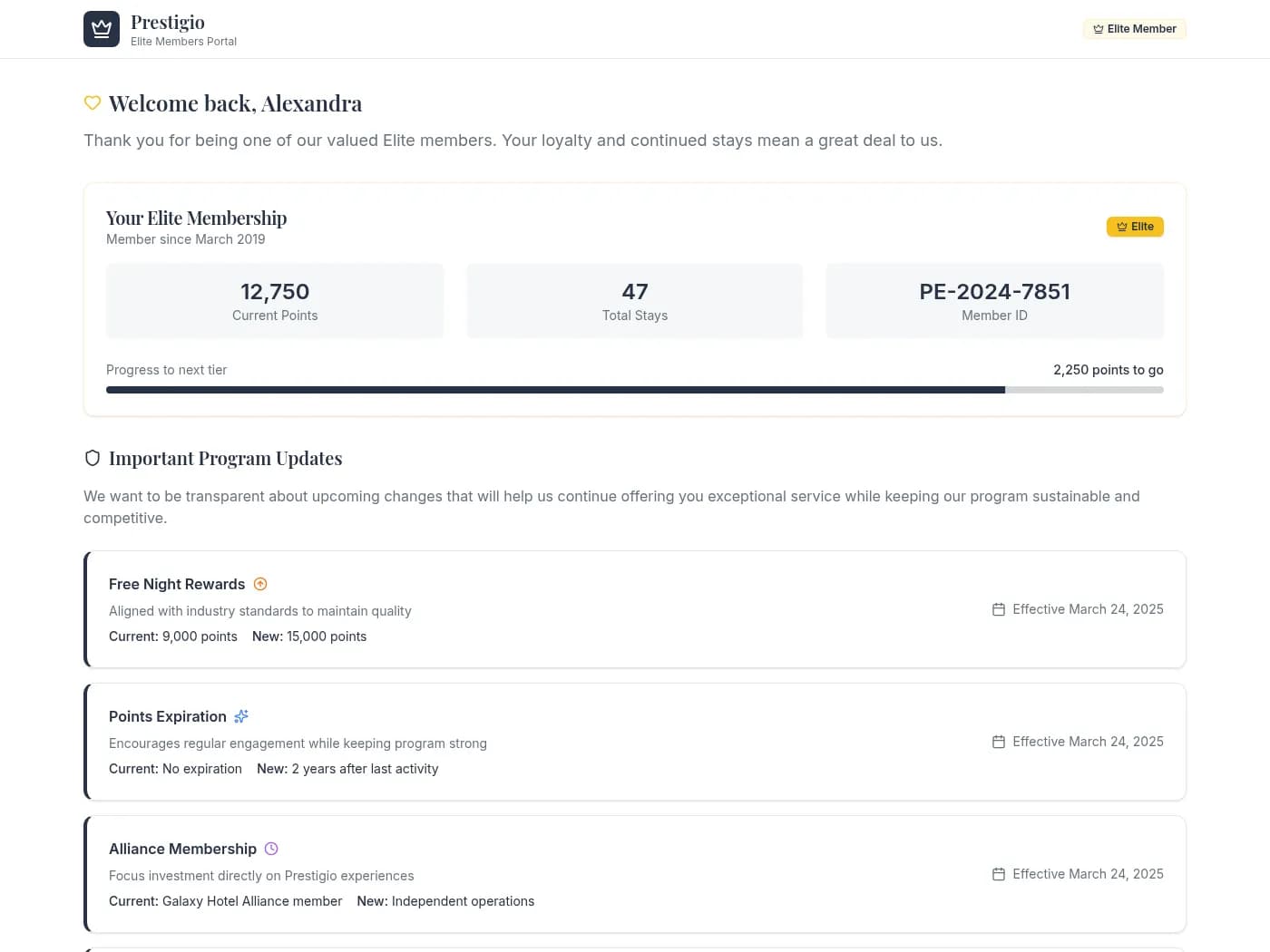 Prestigio Elite Rewards Update Notification Portal