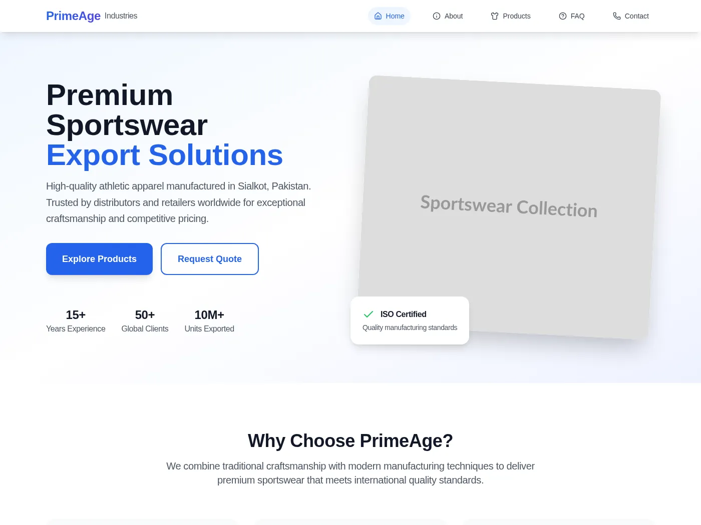 PrimeAge Industries Sportswear Export Web App