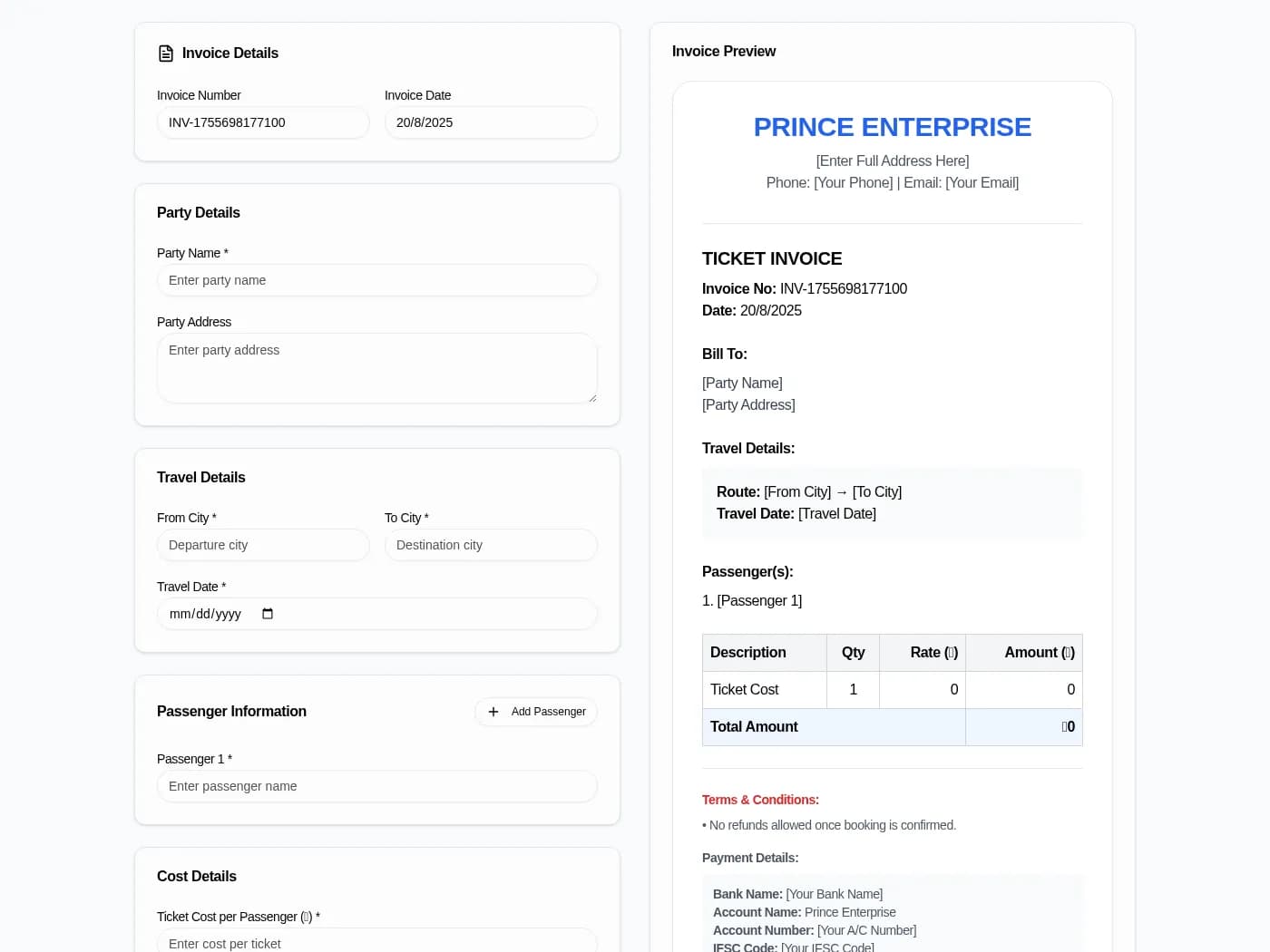 Prince Enterprise Ticket Invoice Generator