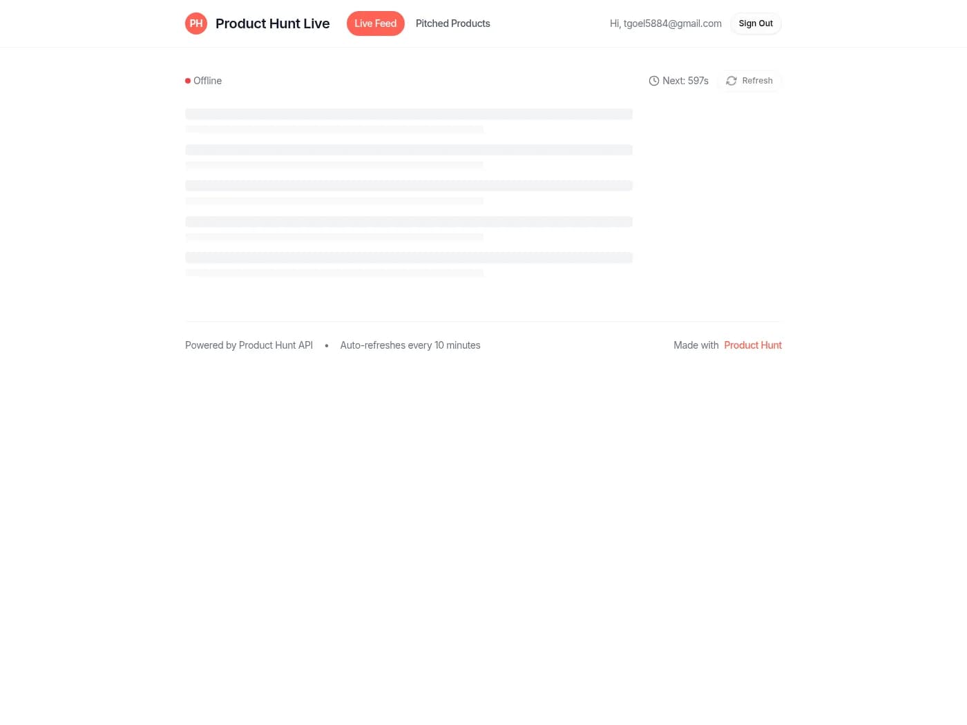 Product Hunt Live Feed Minimalist Website