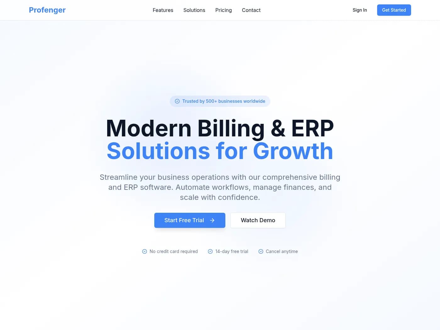 Profenger Billing & ERP Solutions Website