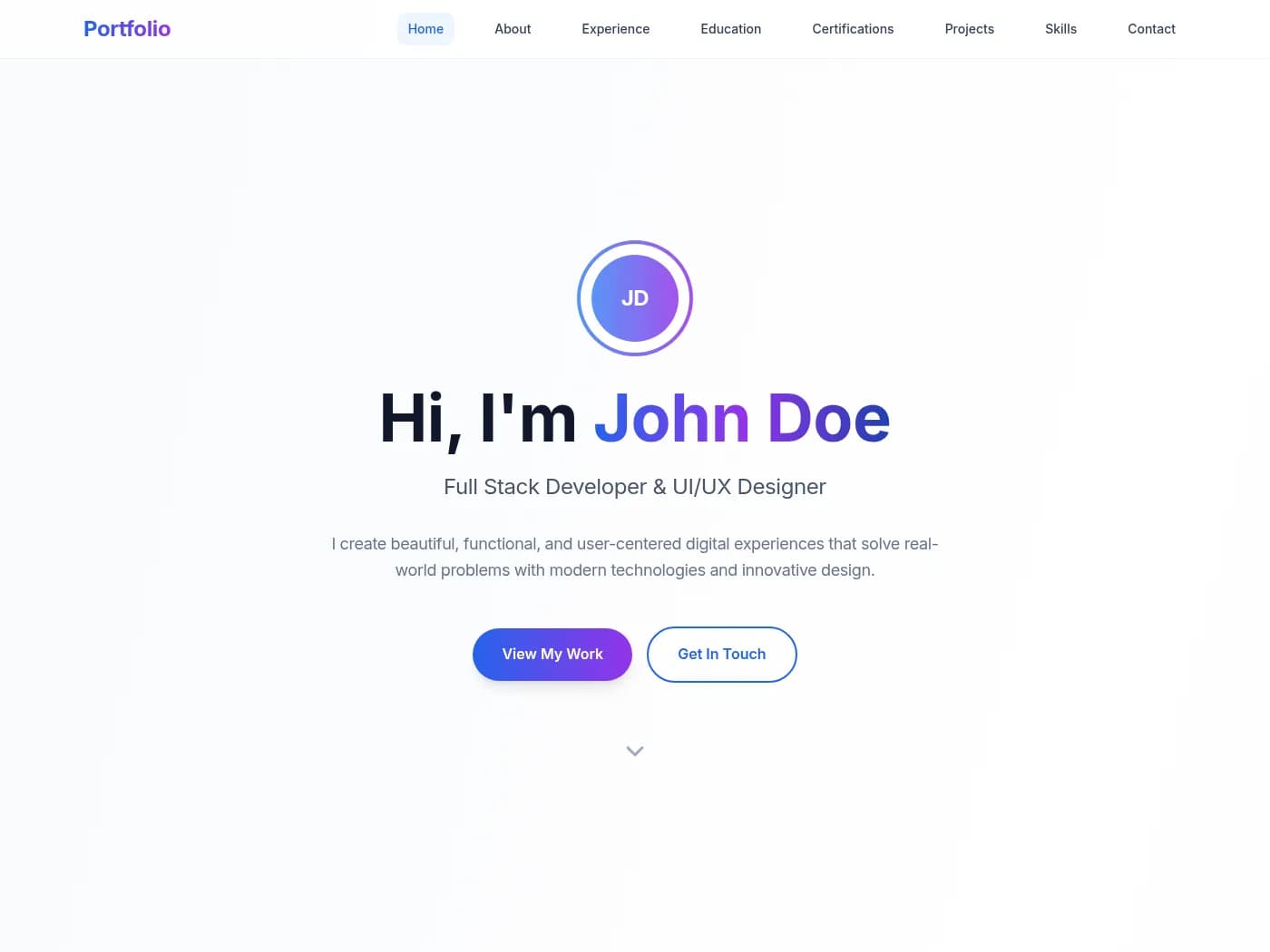 Professional Portfolio Website with Elegant UI and Comprehensive Sections