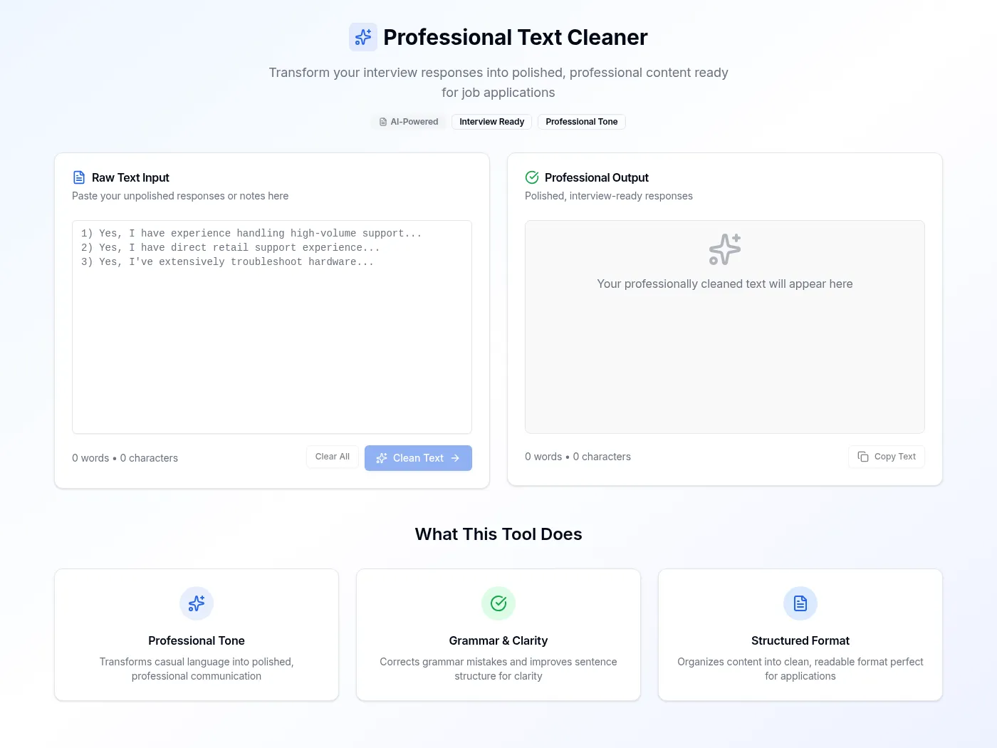 Professional Text Cleaner for Job Applications and Interviews