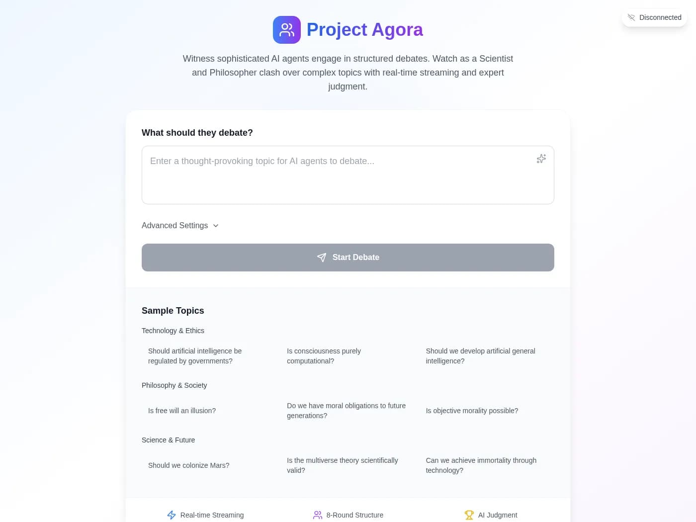 Project Agora - Real-Time Multi-Agent Debate Platform