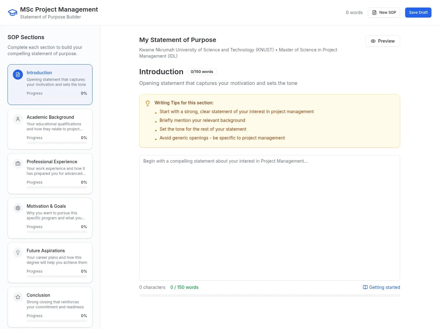 Project Management MSc Statement of Purpose Builder