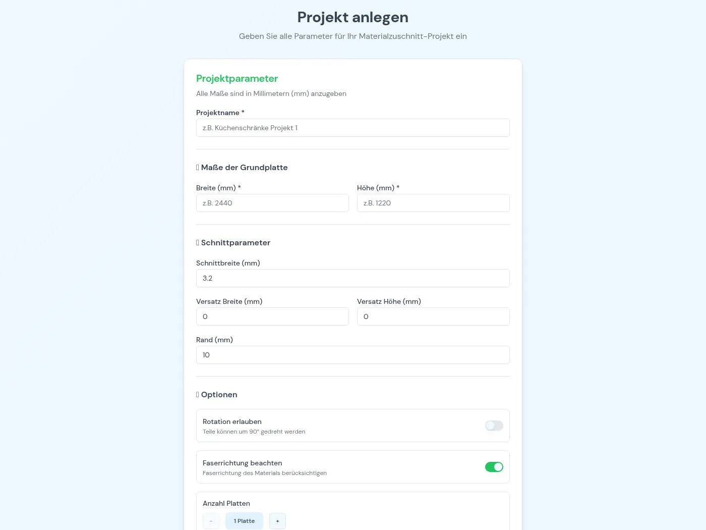Projektformular für Materialzuschnitt – Deutschsprachiger Eingabescreen in Flutter