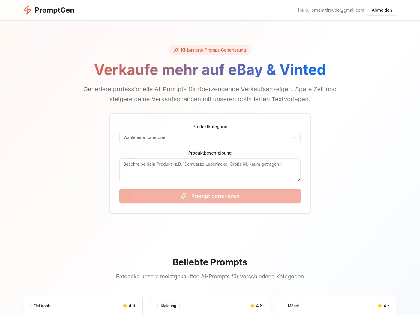 Prompt Generator für Anzeigen auf eBay Kleinanzeigen & Vinted