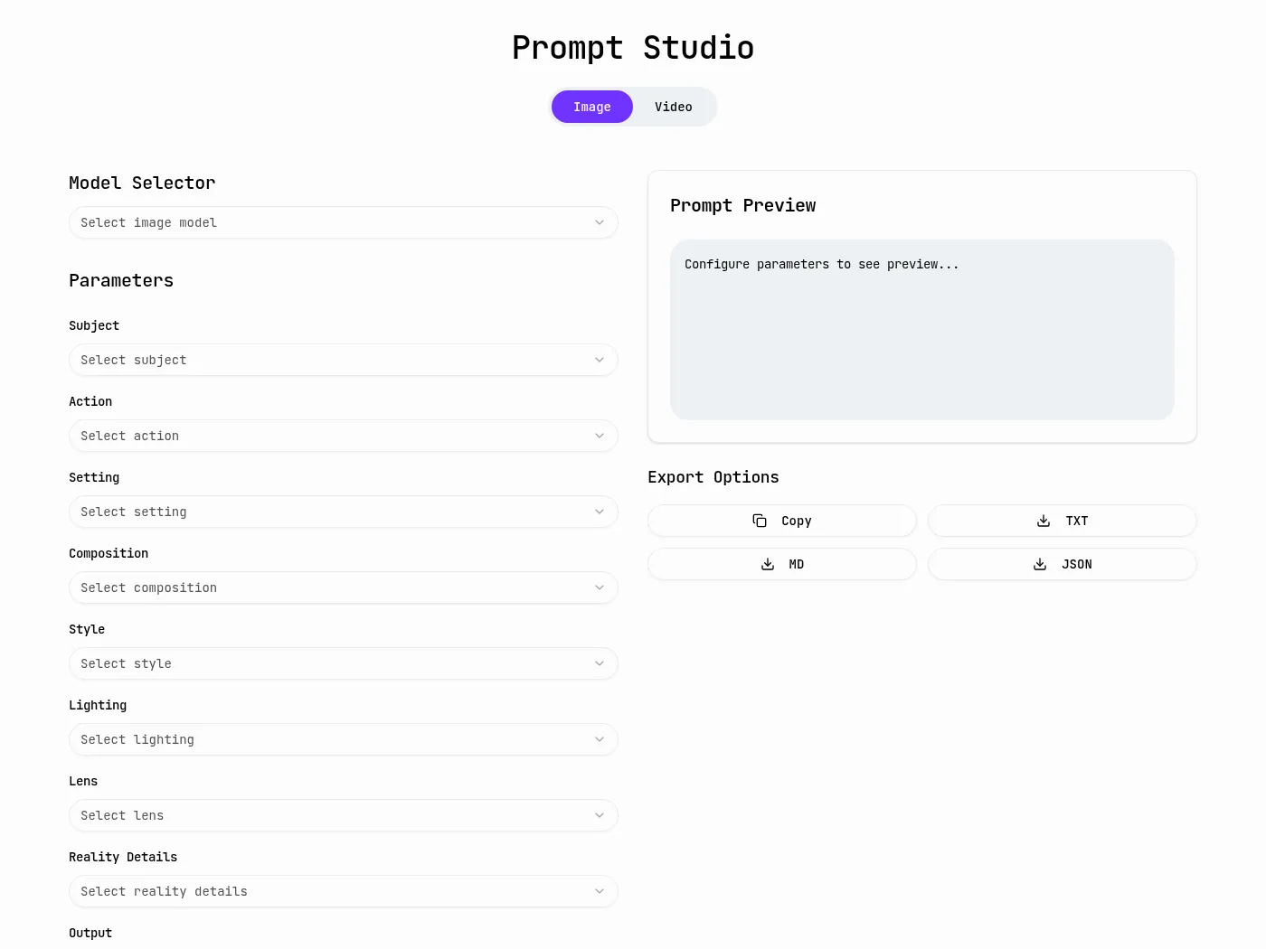 Prompt Studio – Minimal Structured Prompt Generator Web App