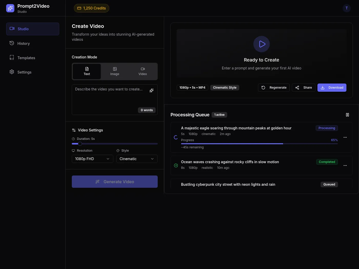 Prompt2Video Studio: Plataforma web avanzada para creación de videos IA desde texto, imagen o video