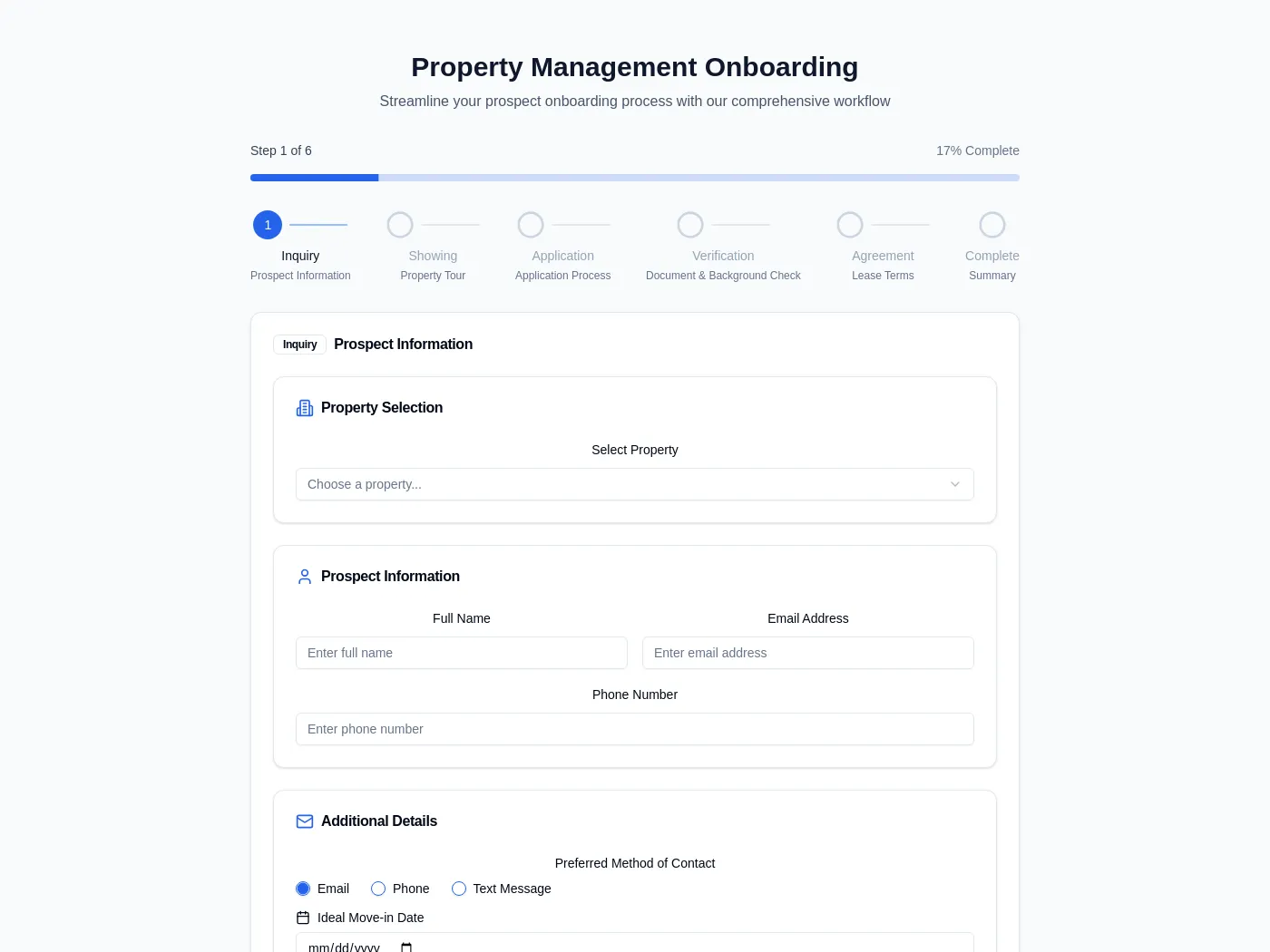 Property Management Prospect Onboarding Stepper Form