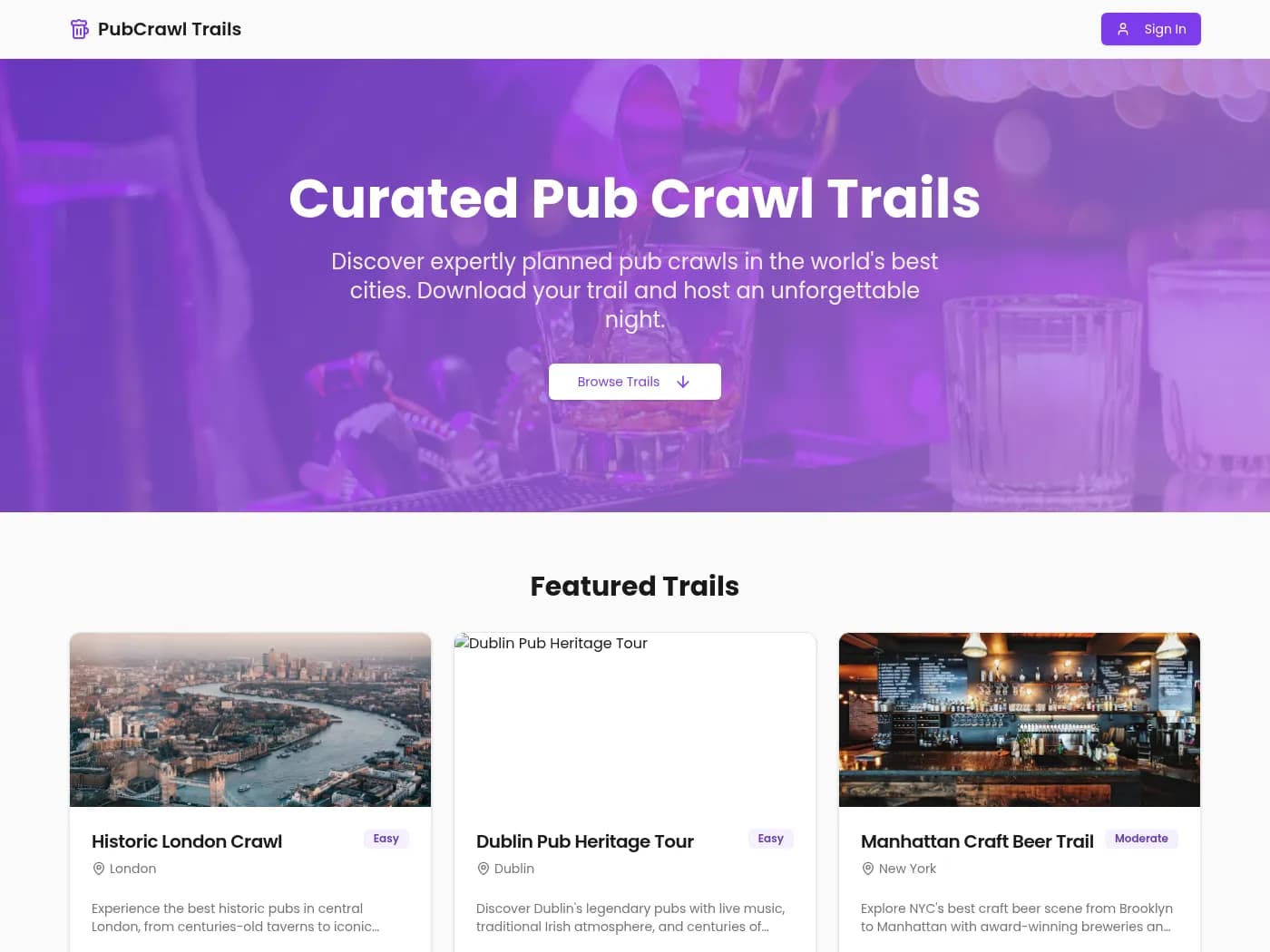 Pub Crawl Trail Marketplace Web App