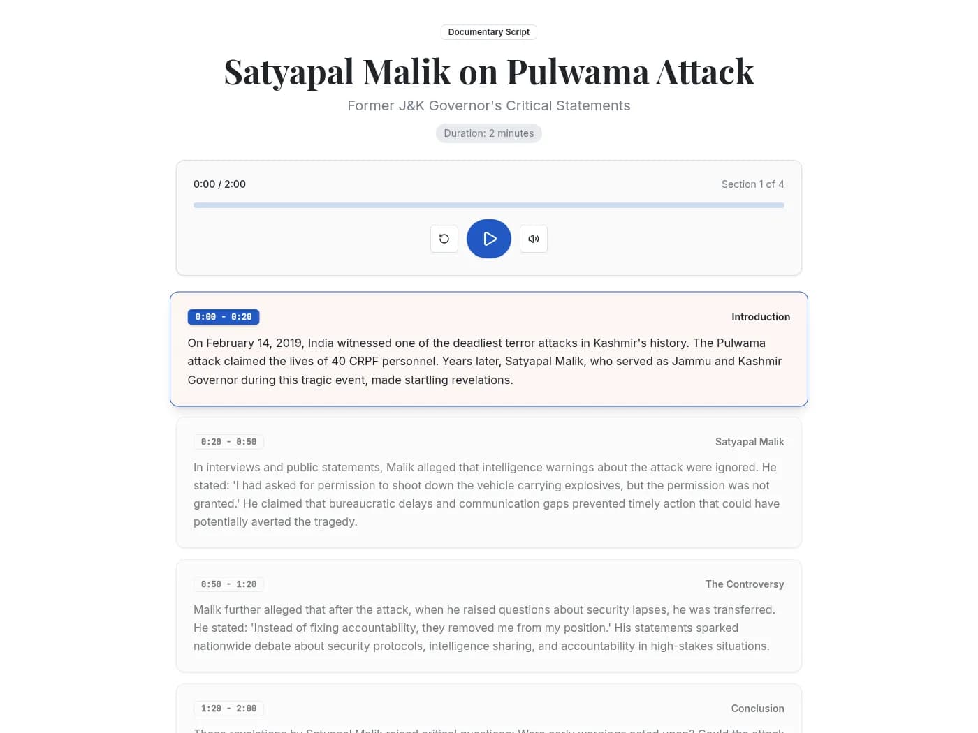 Pulwama Attack: Satyapal Malik's Perspective Script