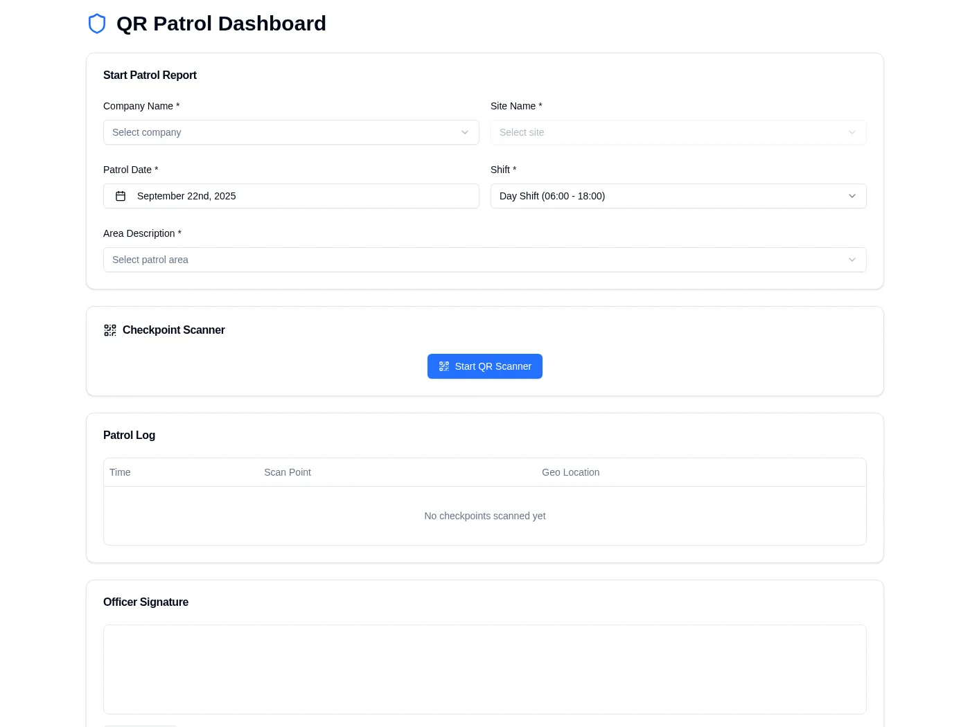 QR Patrol Shift Reporting Dashboard
