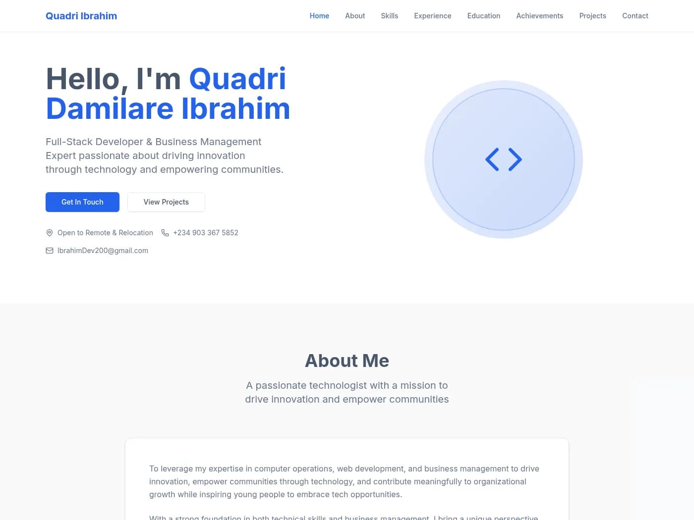 Quadri Damilare Ibrahim Professional Portfolio Website