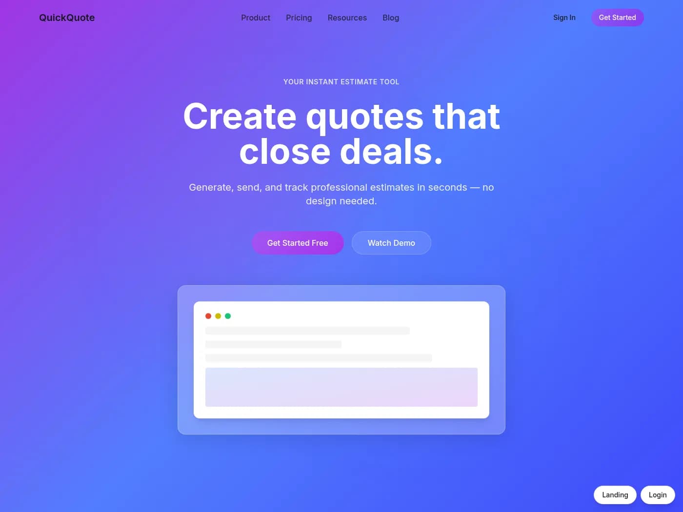 QuickQuote Modern SaaS Landing & Login Page with Glassmorphism