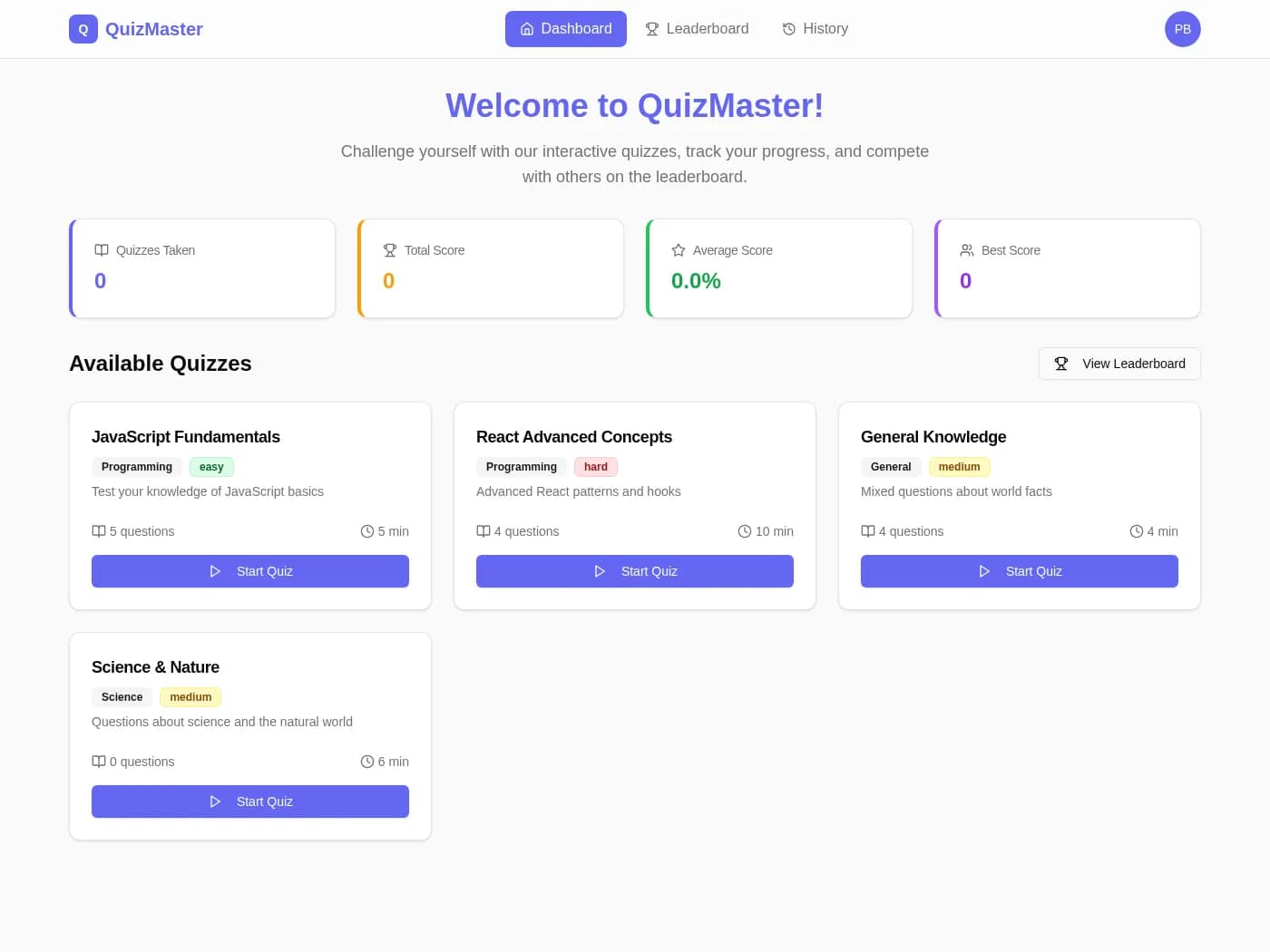 QuizMaster: Interactive Quiz App with Leaderboard & History