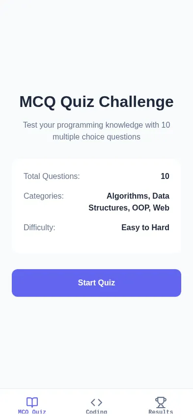 All-in-One Quiz App with MCQ and Coding Questions