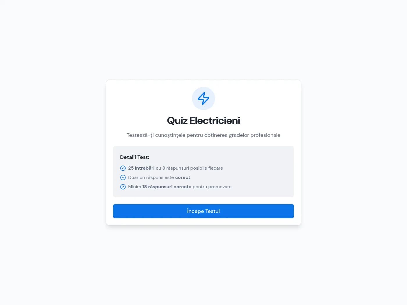 Quiz App pentru Electricieni cu Niveluri și Specializări