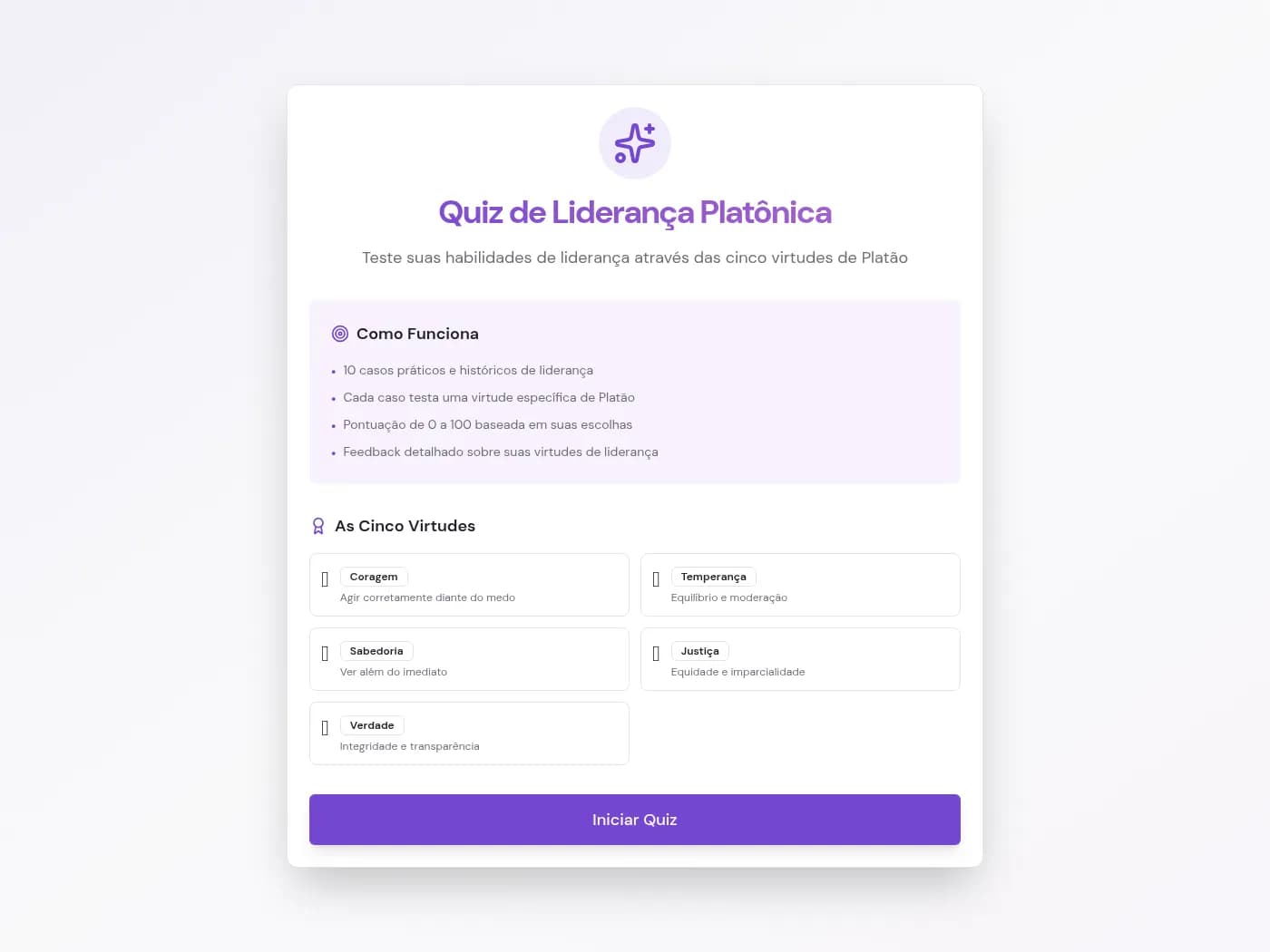 Quiz Interativo de Liderança Platônica em Português