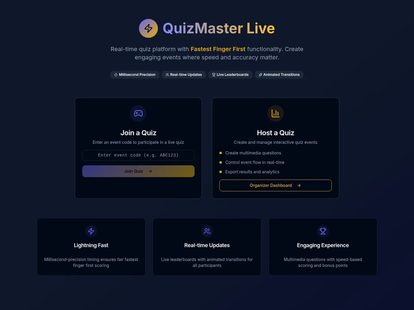 QuizMaster Live: Real-Time Fastest Finger First Quiz Platform for Events