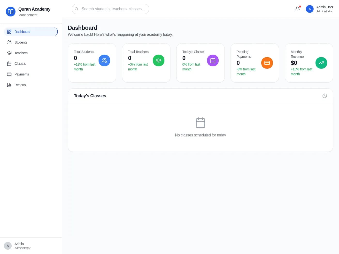 Quran Academy Management Dashboard