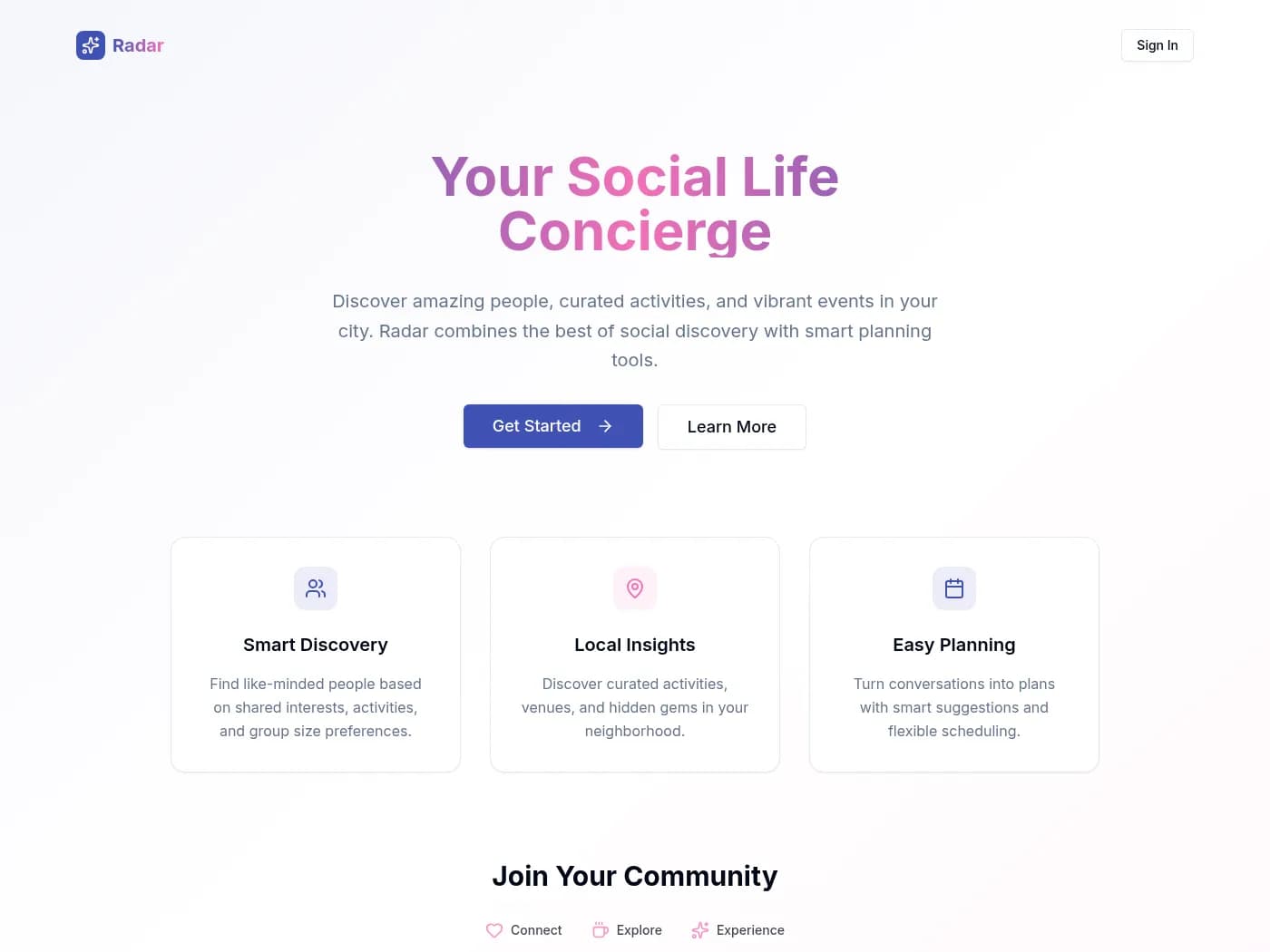 Radar – Social Life Concierge Web App (MVP 2025)