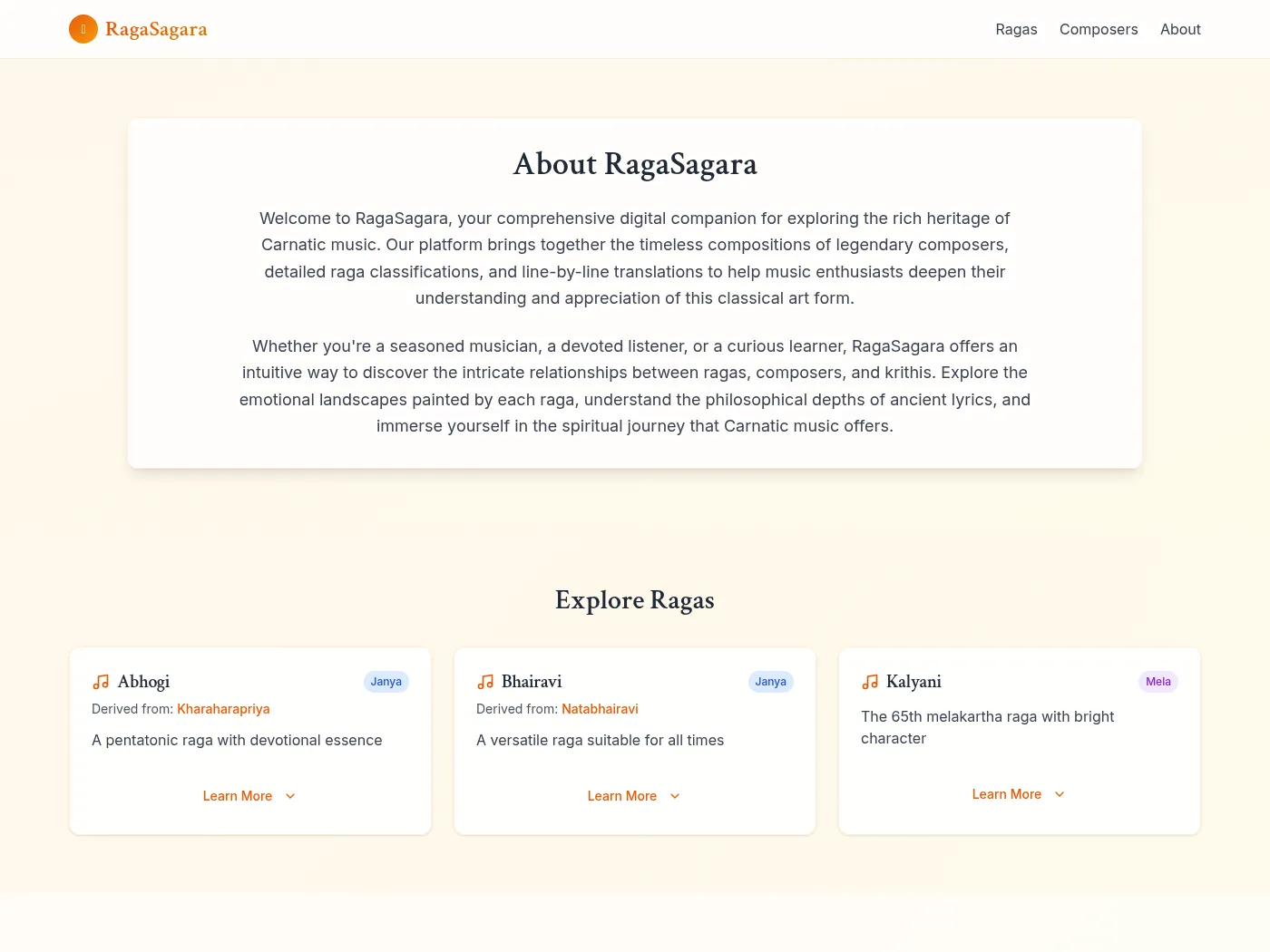 RagaSagara – Explore Krithis, Ragas, and Composers with Dynamic Lyrics & Translations