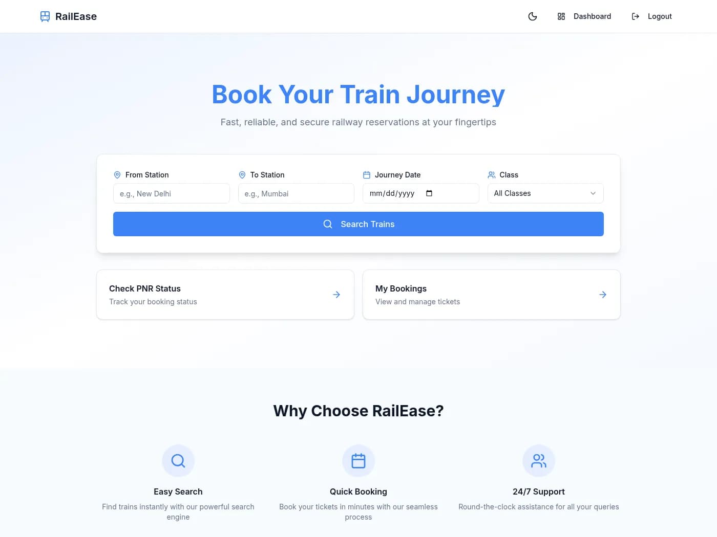 RailEase: Modern Responsive Railway Reservation Platform