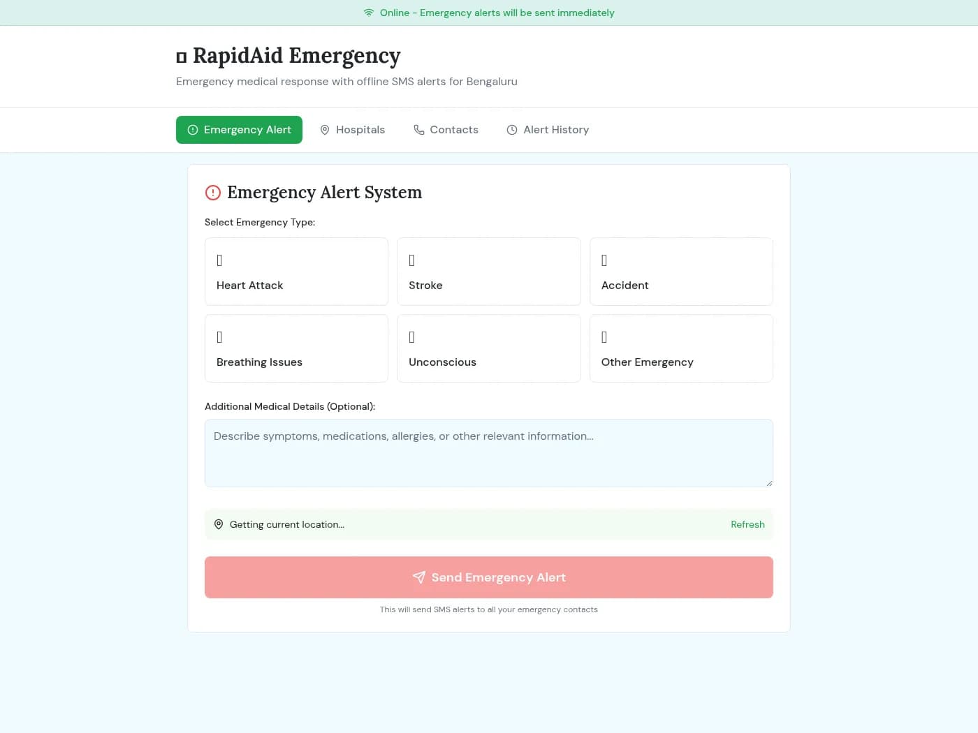 RapidAid Emergency Hospital Database with Offline SMS Alerts