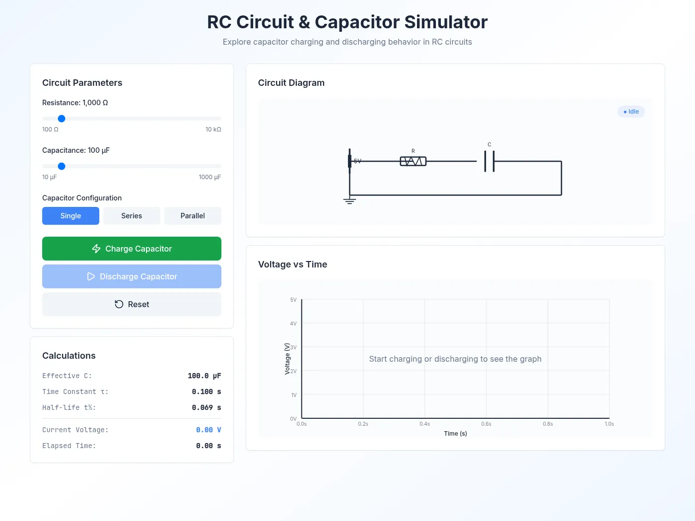 Capacitors & RC Circuits Interactive Simulator