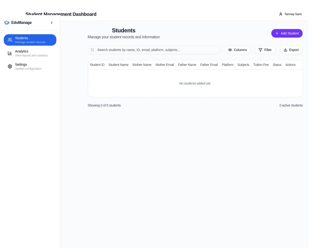 React Dashboard with Collapsible Sidebar and Student Management