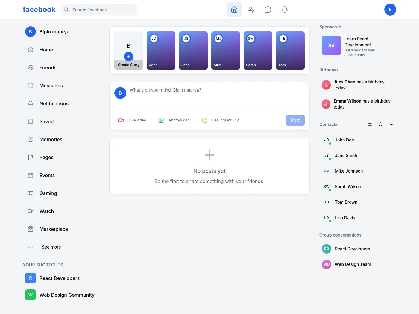 React Facebook Clone