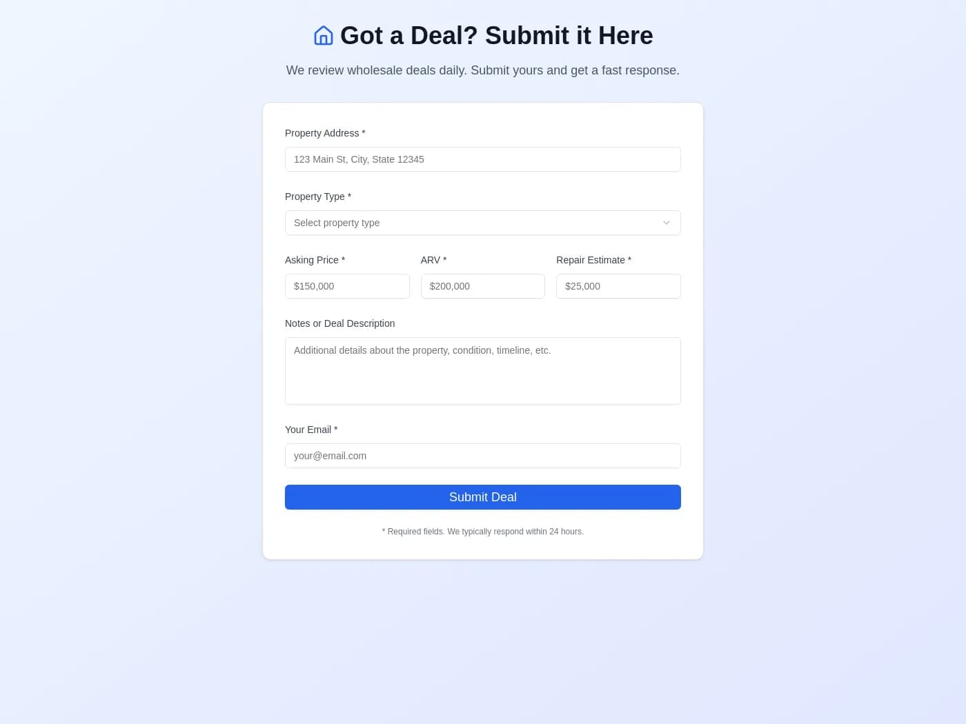 Real Estate Wholesale Deal Submission Landing Page