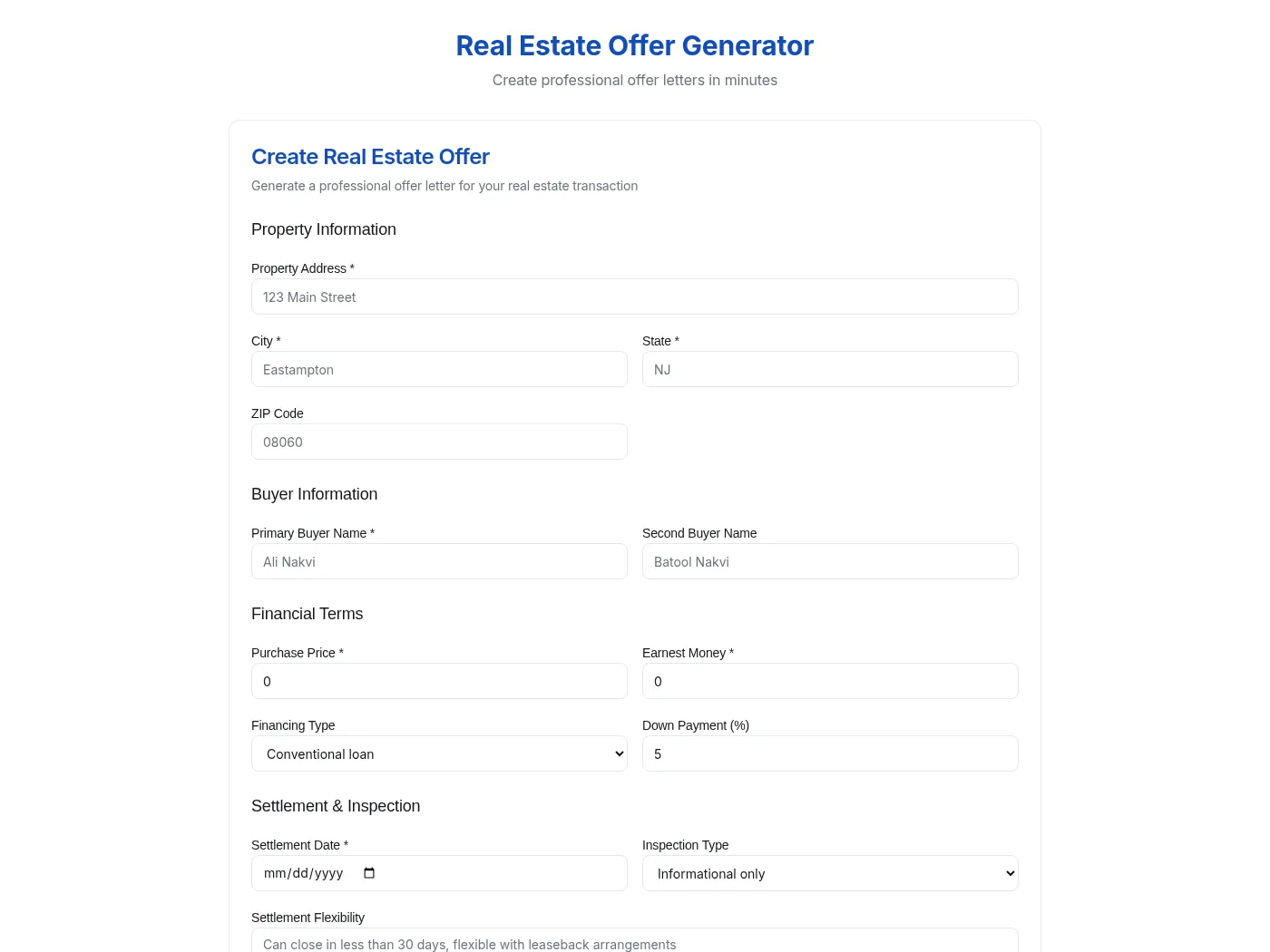 Real Estate Offer Generator for Realtors