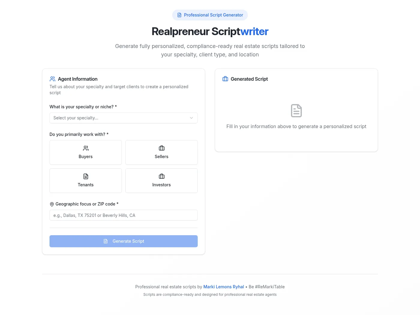 Realpreneur Real Estate Scriptwriter App