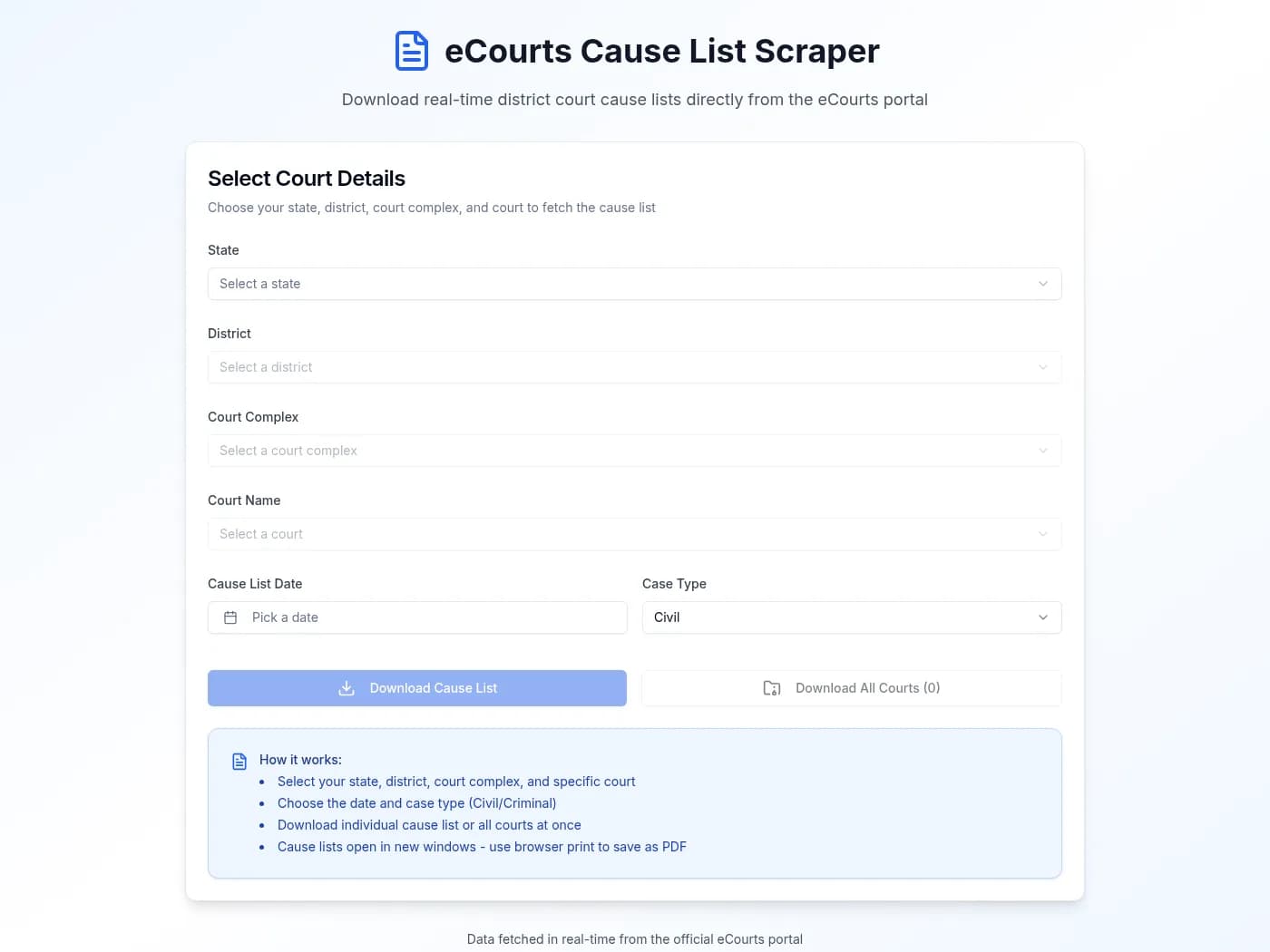 Real-Time District Court Cause List Scraper and PDF Downloader