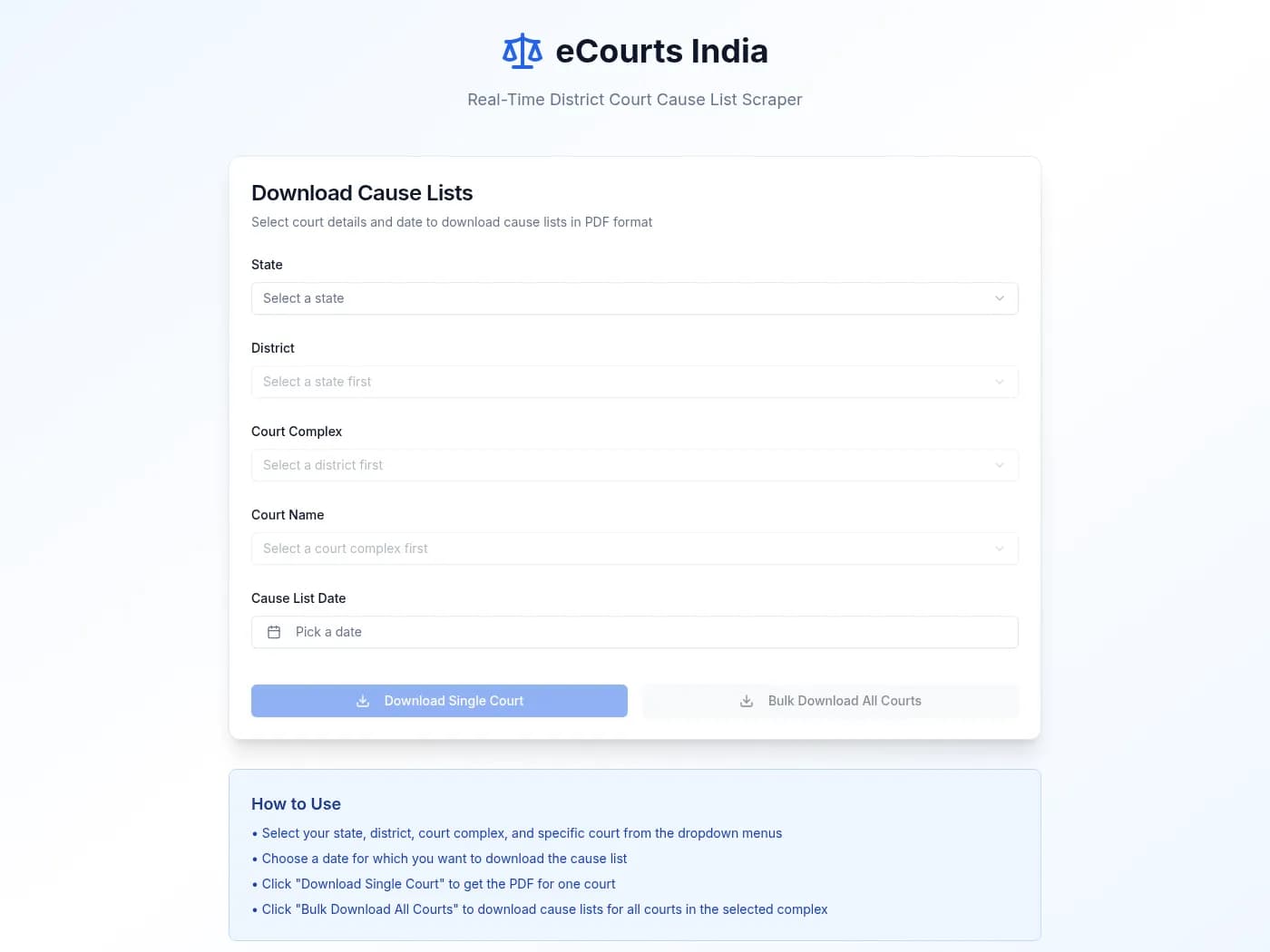 Real-Time District Court Cause List Scraper and Downloader
